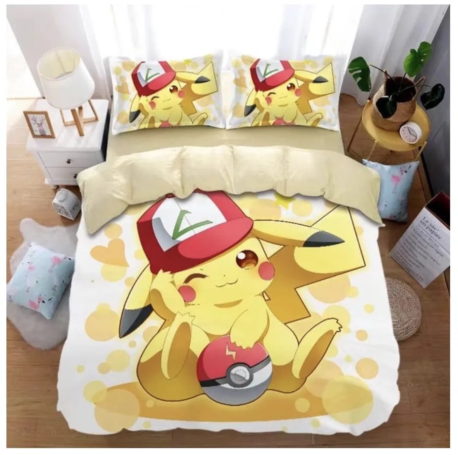 3-dílné ložní povlečení Pokémon - Pikachu 3D (150 x 200 cm a 2x povlak na polštář 50 x 75 cm) Motiv: 7 - Pikachu mrká