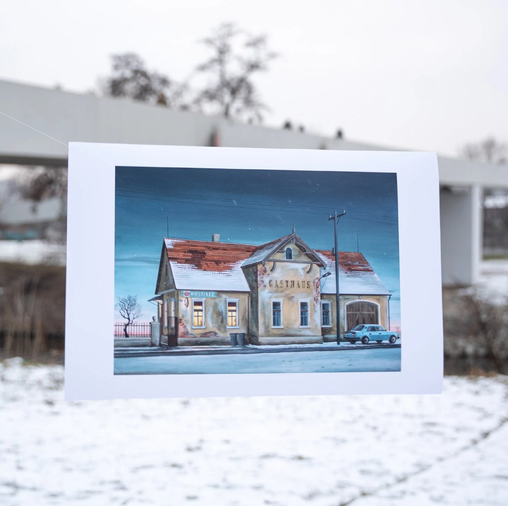 Štěpán Jirák | Hospoda v zimě Rám: Černý, Velikost: 30 x 40 cm
