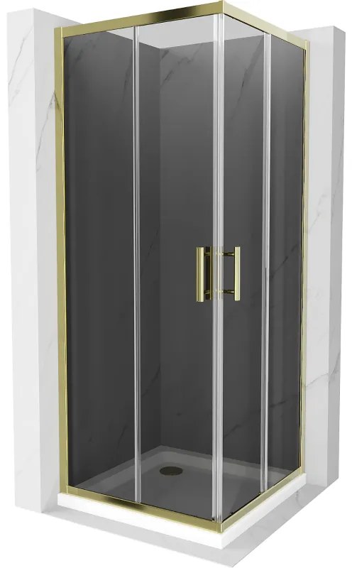 Mexen Rio, čtvercový sprchový kout s posuvnými dveřmi 70 (dveře) x 70 (dveře) x 190 cm, 5mm šedé sklo, zlatý profil + bílá sprchová vanička SLIM, 860-070-070-50-40-4010G