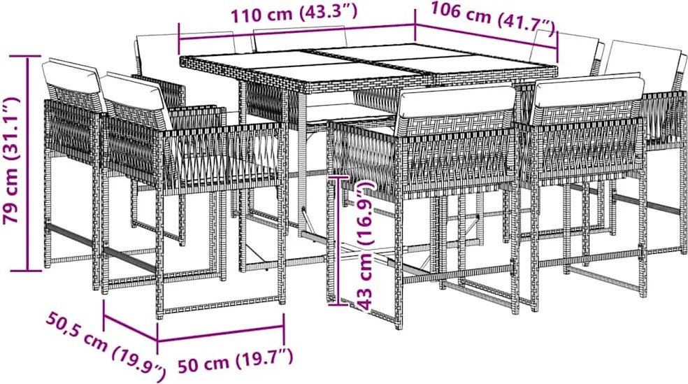 9dílný zahradní jídelní set s poduškami černý polyratan 3211563