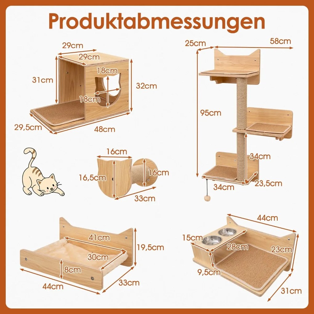 Costway 6 PCS lezecká stěna Škrabadlo pro kočky s platformami Mísa Houpací síť