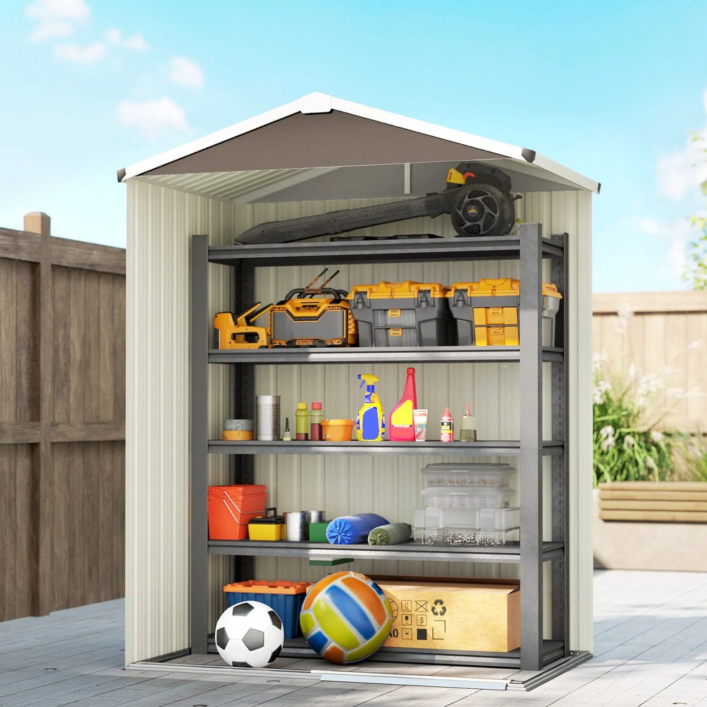 Outsunny kovová zahradní kůlna — 1,18 m² (136 × 87 × 179 cm) | Posuvné dveře, šikmá střecha, včetně rukavic, hnědá