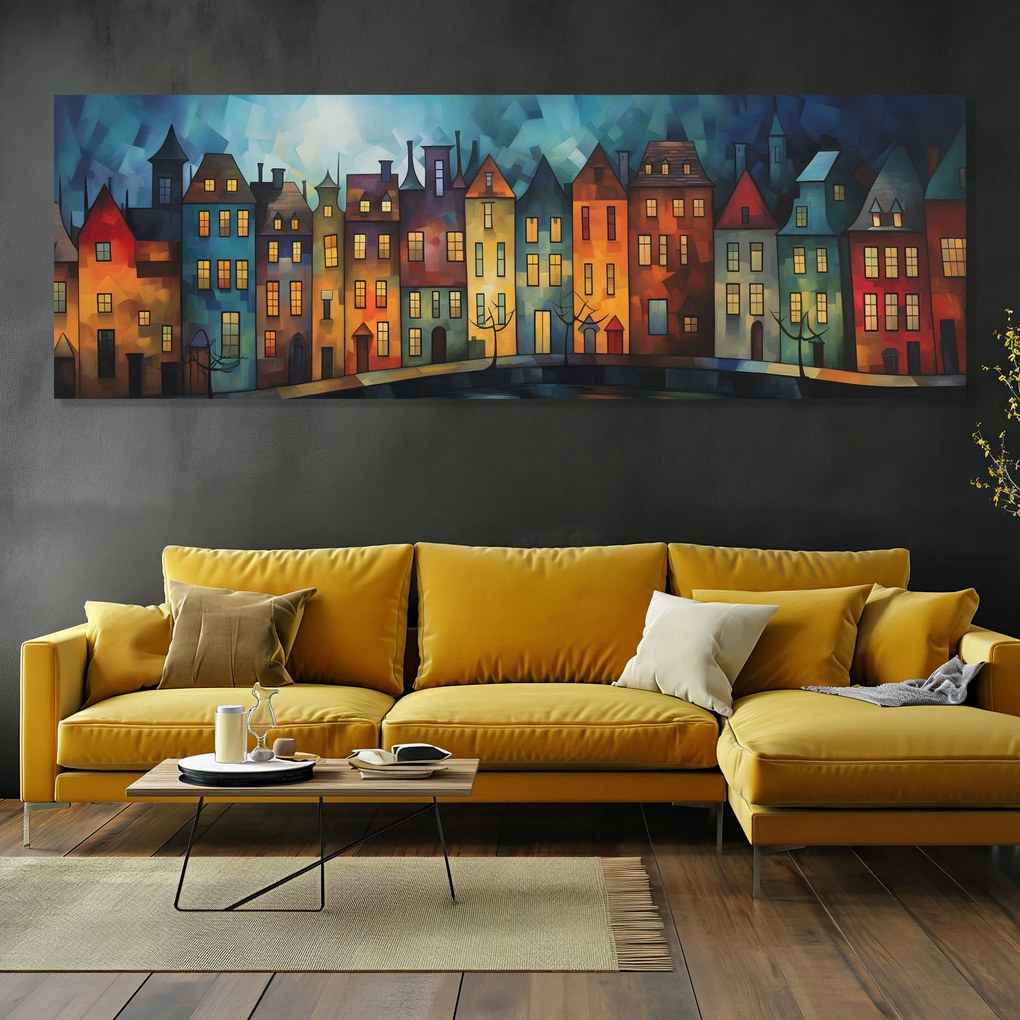 Obraz na plátně - Ulice v Lienes se svítícími domy FeelHappy.cz Velikost obrazu: 210 x 70 cm