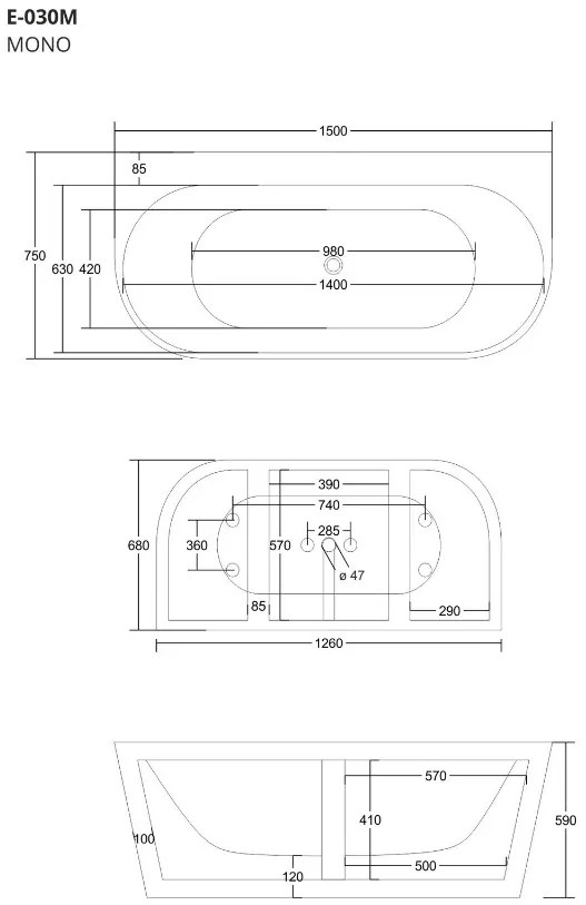 Aplomo Mono volně stojící akrylátová vana, široký okraj Délka vany: 150cm