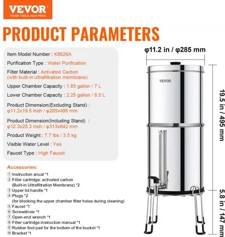 Gravitační vodní filtr z nerezu 8,5 l se 2 filtry – k8626 A