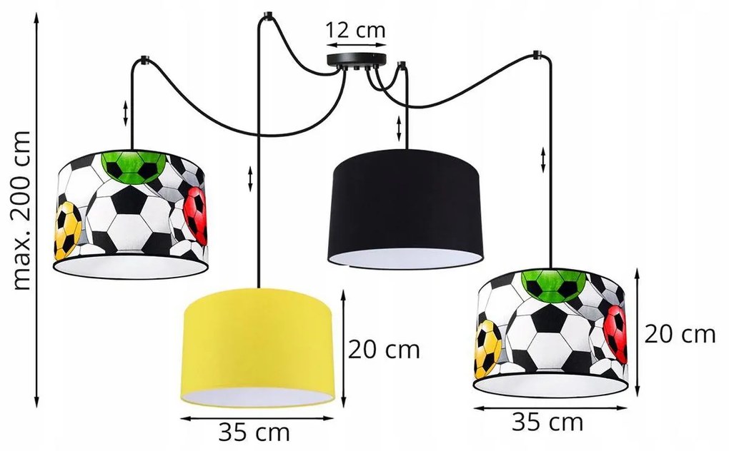 Dětské závěsné svítidlo Soccer Spider, 4x textilní stínítko se vzorem (mix 6 barev), (výběr ze 2 barev konstrukce)