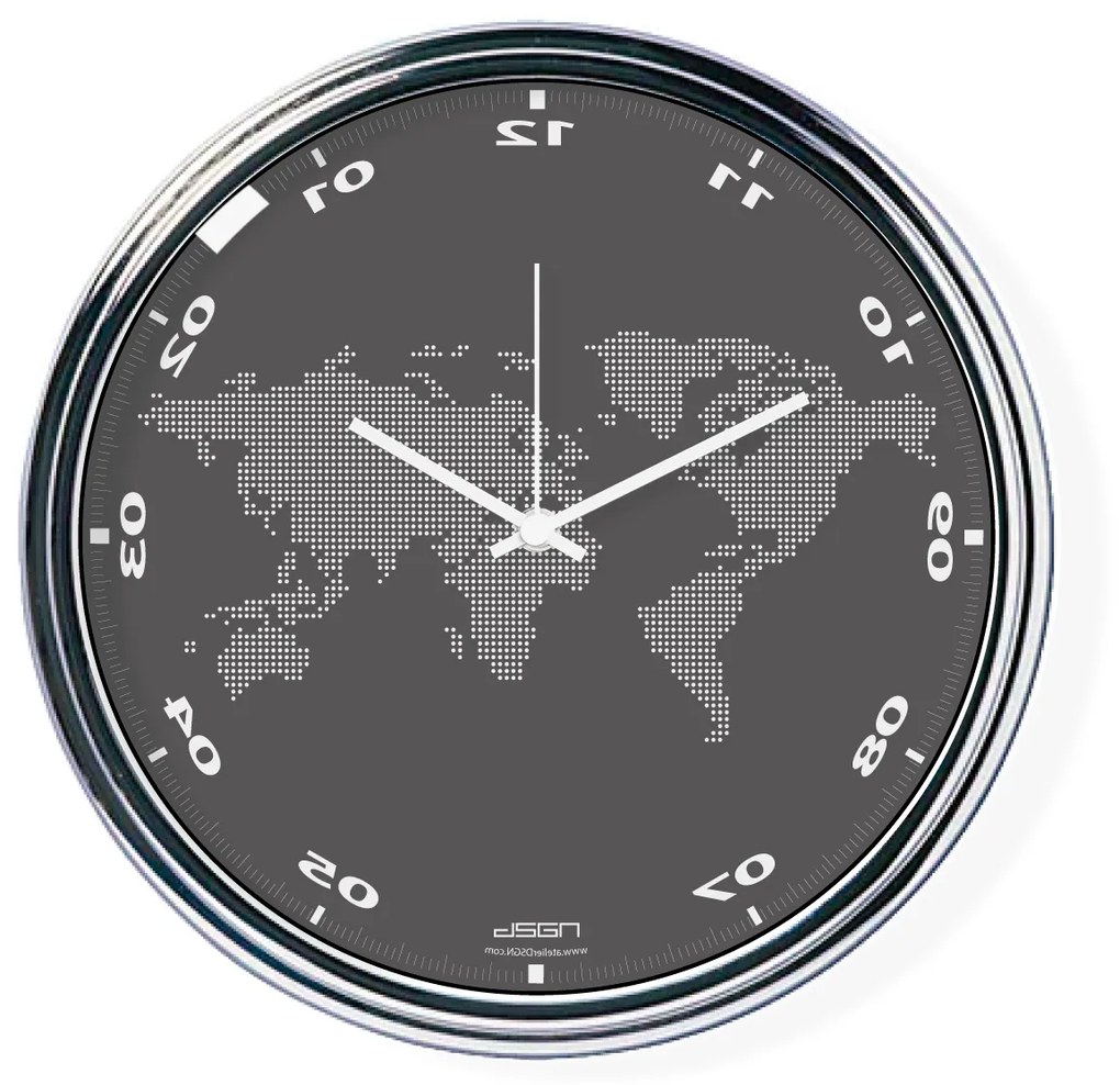 Tmavě šedé svisle zrcadlené hodiny s mapou (32 cm)