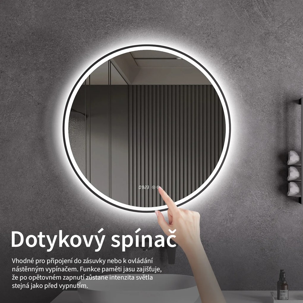 CERANO - Koupelnové LED zrcadlo Rivo, kovový rám - černá matná - Ø 80 cm