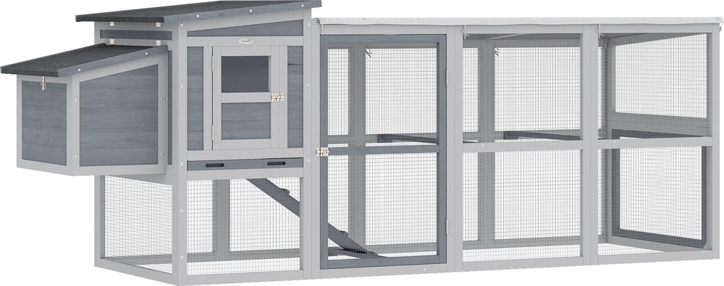 PawHut dřevěný kurník s výběhem pro 3–4 nosnice, 264 x 82 x 89 cm — asfaltová střecha, potah z Oxford tkaniny, hnízdní box, bidýlka, výsuvný podnos —…