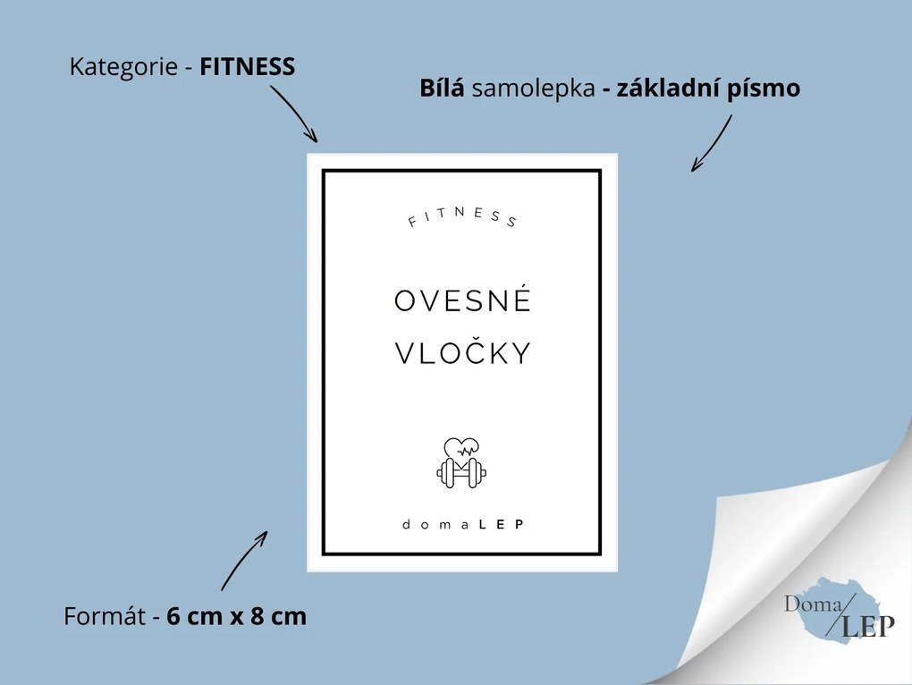 OVESNÉ VLOČKY - Samolepka na dózu pro fitness doplňky - DomaLEP tvar: ČTVEREC, barva: BÍLÁ - ČERNÉ písmo, velikost: š. 5 cm x v. 5 cm - základní písmo
