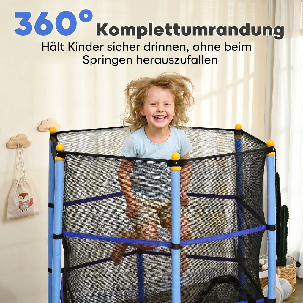 HOMCOM dětská trampolína Ø163 cm, trampolína s ochrannou sítí, kryt okrajů, zahradní trampolína pro děti 3-10 let, max. nosnost 50 kg, modrá
