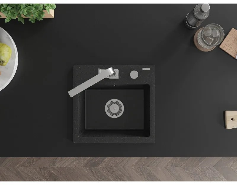 Mexen Milo, 1-komorový granitový dřez 435x410x171 mm a chromová baterie Rita, černá-stříbrná metalíza, 6505-73-670300-00