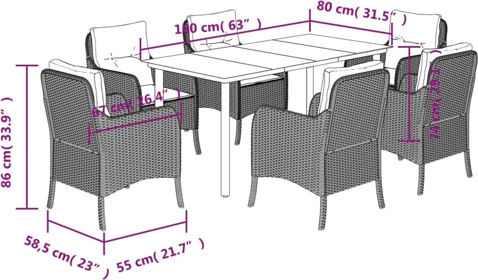 7dílný zahradní jídelní set s poduškami černý polyratan 3211917