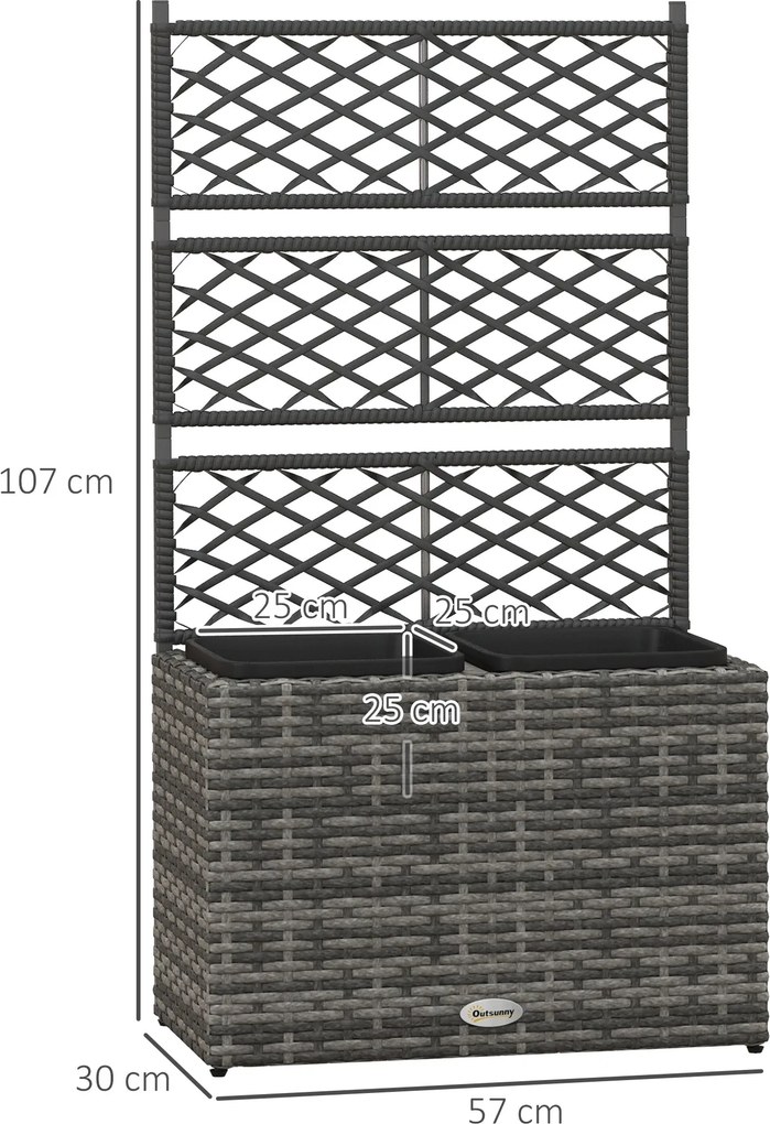 Outsunny Květináč s mřížkou pro rostliny, 2 prostory, 22L, zahradní balkonová terasová venkovní nádoba v pletené pryskyřici a oceli 57 x 30 x 107 cm …