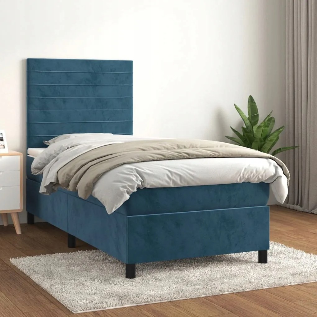 Box spring postel s matrací tmavě modrá samet tmavě moddrá