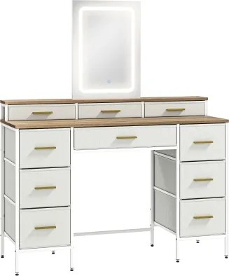 HOMCOM toaletní stolek se zrcadlem a 3-barevným LED osvětlením, toaletní stolek s 10 látkovými zásuvkami, 118,5 x 39,5 x 140 cm přírodní