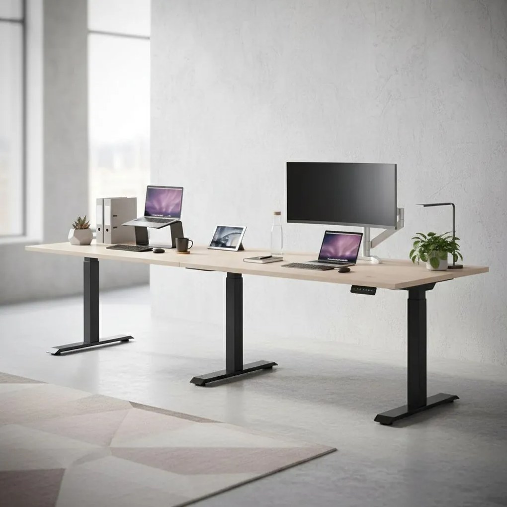 Výškově nastavitelný stůl OfficeTech Long, 260 x 80 cm, černá podnož, dub