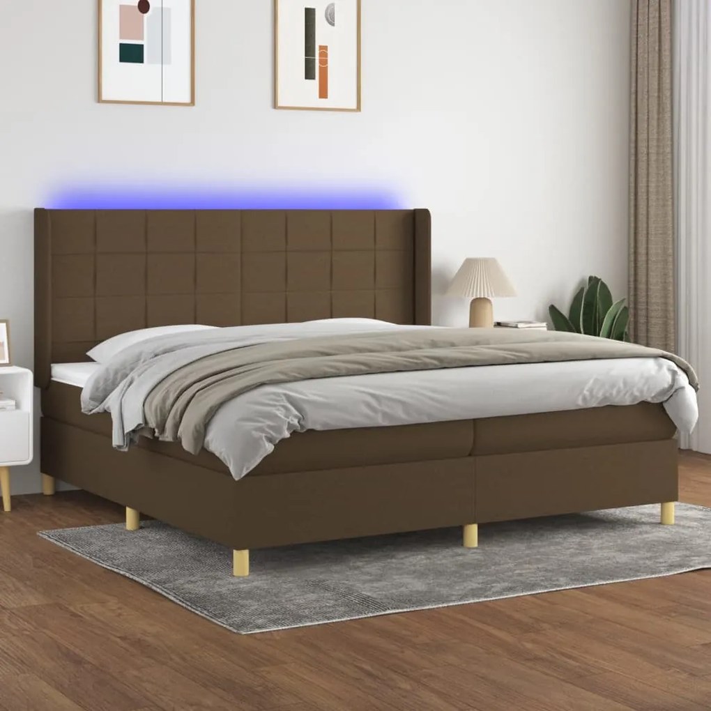 Box spring postel s matrací a LED tmavě hnědá 200x200 cm textil
