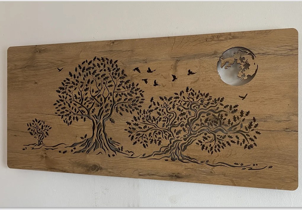 Li-Go "Tři duby a měsíc" světelný obraz s baterií 110x50cm varianta ovládání: manuál/pohybové čidlo, provedení povrchu: bříza