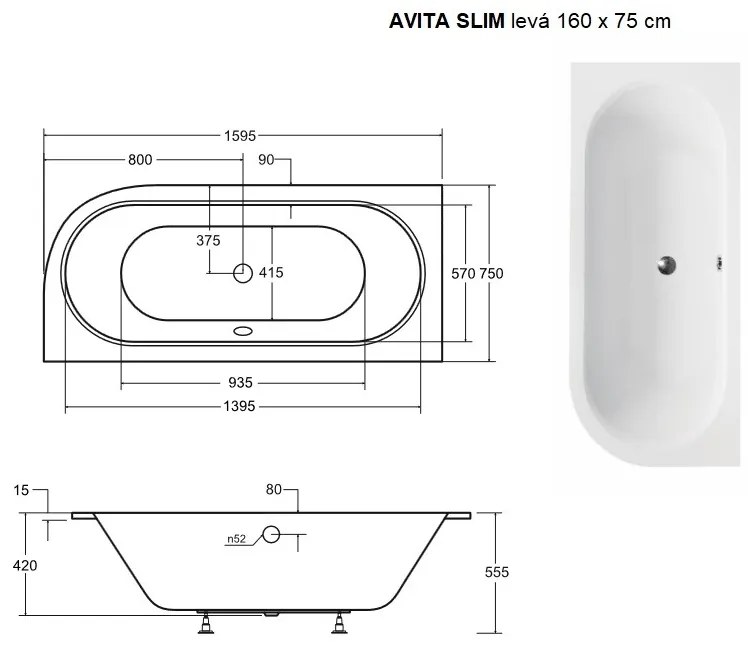 BESCO Asymetrická vana AVITA SLIM Nožičky k vaně - Bez nožiček, Rozměr vany - 180 × 80 cm, Způsob provedení - Levé VANAVIT180SLIML