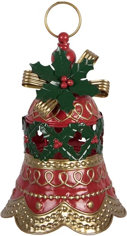Kouzelný červeno-zelený kovový vánoční zvonek s cesmínou - Ø 21*29 cm