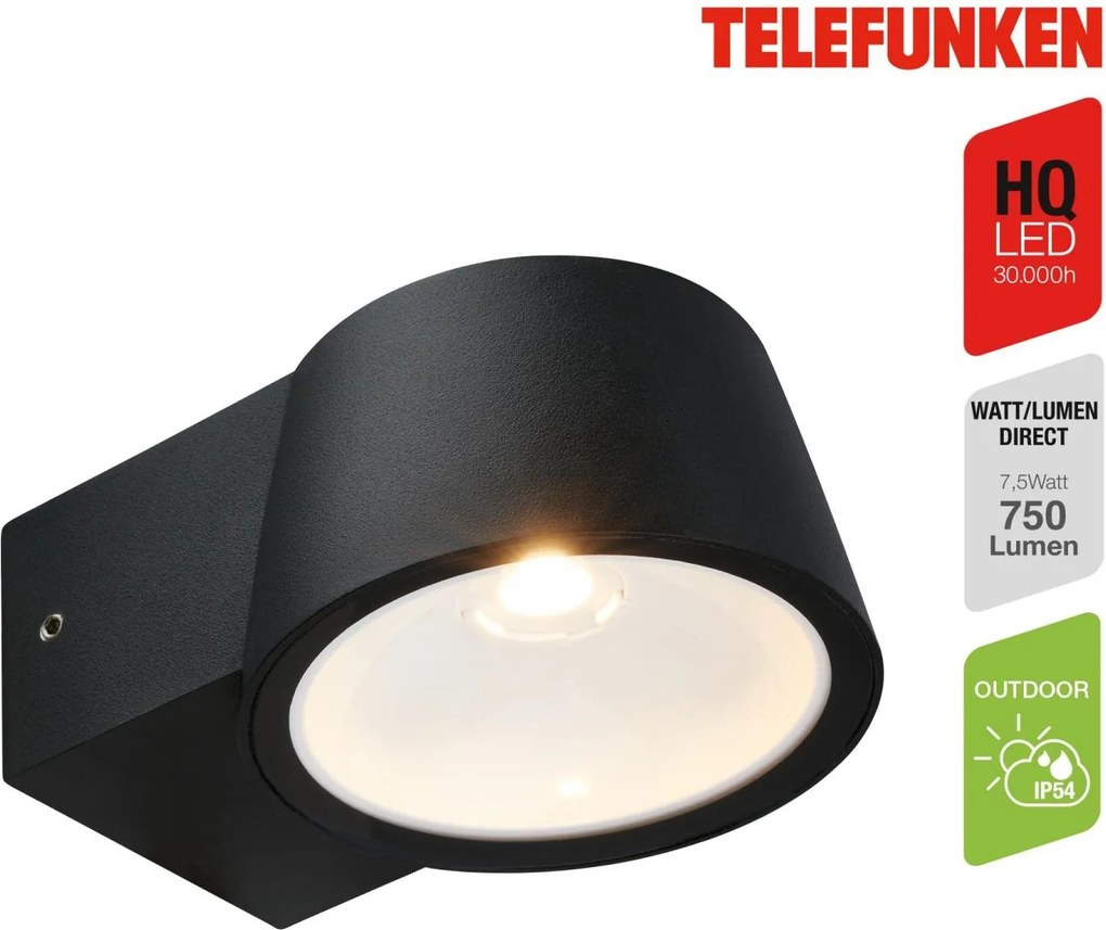 TF 323005TF TELEFUNKEN LED venkovní nástěnné svítidlo, IP54 voděodolné a prachotěsné, černý hliník - BRILONER