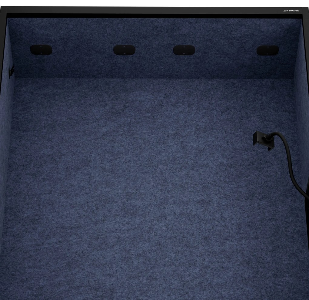 Kancelářská akustická kabina se sedátkem a USB-C portem, korpus černý / sedák námořnická modrá, 1150 mm: SALLY MentalBox
