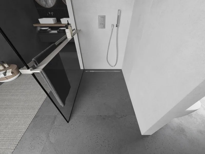 Mexen Kioto+, sprchová zástěna Walk-In s poličkou a věšákem 120 x 200 cm, 8mm čiré sklo černý vzor, broušená ocel profil, 800-120-121-97-70