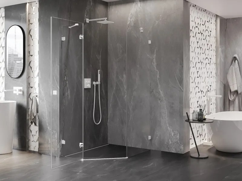 Mexen Lunar, Pětiúhelníkový sprchový kout Mexen Lunar s výklopným levým oknem 80 x 90 cm, 8mm čiré sklo, bílý profil, 831-080L-090P-01-20-L