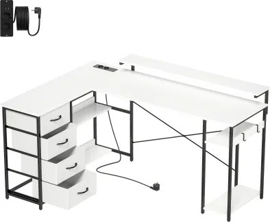HOMCOM reverzibilní L-pisací stůl se 4 látkovými šuplíky, 2 zásuvkami a 2 USB porty, držák monitoru 155x112 cm, bílý