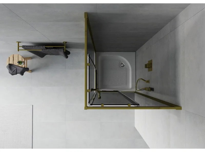 Mexen Rio, čtvercový sprchový kout s posuvnými dveřmi 80 (dveře) x 80 (dveře) x 190 cm, 5mm šedé sklo, zlatý profil + bílá sprchová vanička RIO, 860-080-080-50-40-4510