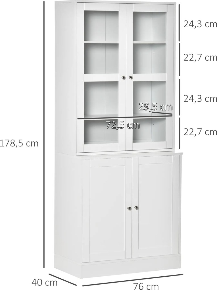 HOMCOM Knihovna 178,5 cm Vysoká skříň Vitrína se skleněnými dvířky 6 přihrádek Kuchyňská skříňka do obývacího pokoje Kuchyně bílá