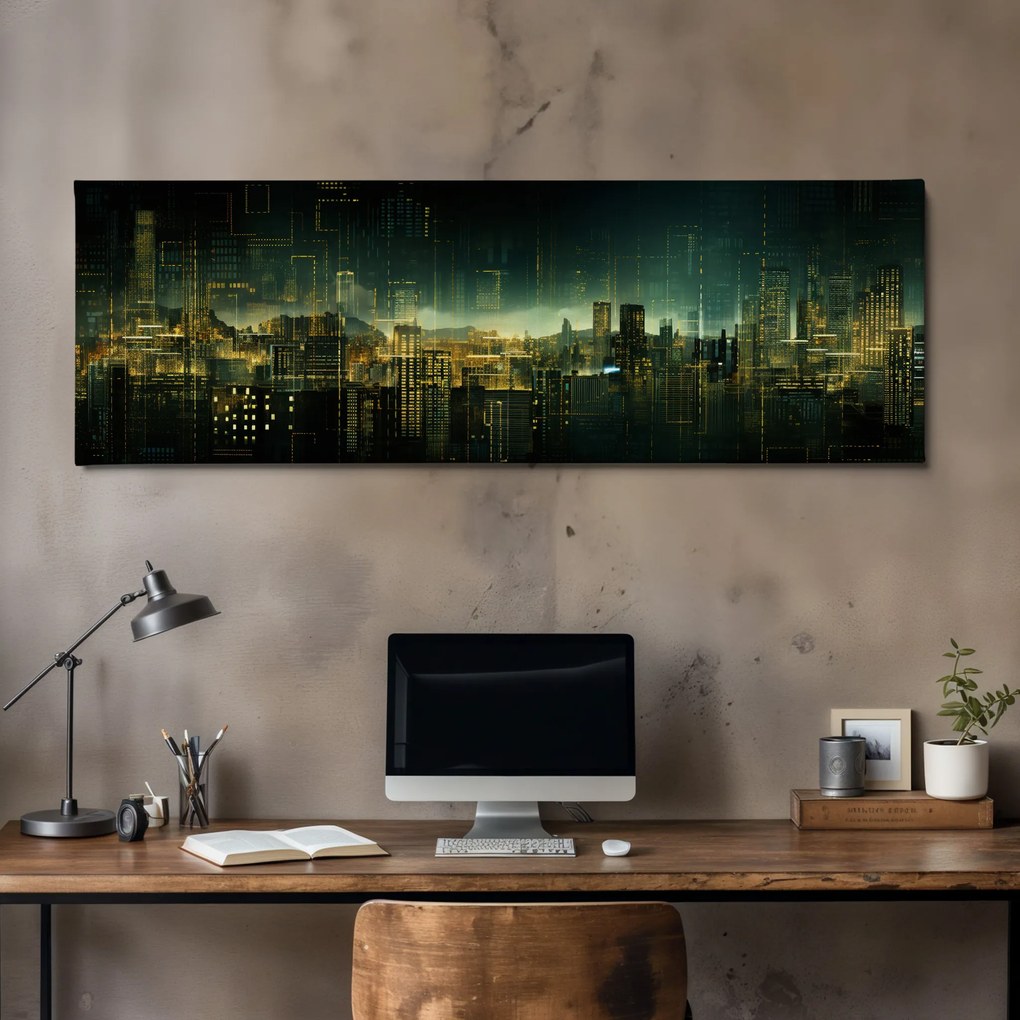 Obraz na plátně - Futuristické město - Světelná Abstrakce FeelHappy.cz Velikost obrazu: 150 x 50 cm