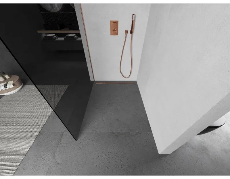 Mexen Kioto L, sprchová zástěna Walk-In 120 x 200 cm, 8mm šedé sklo, měděný matný profil, 800-120-103-65-40