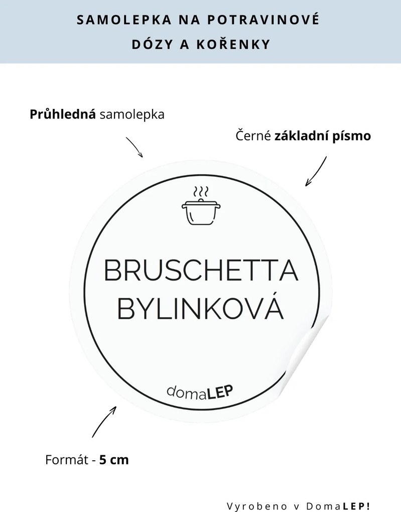 Samolepka na kořenky BRUSCHETTA průhledná 5 cm základní písmo