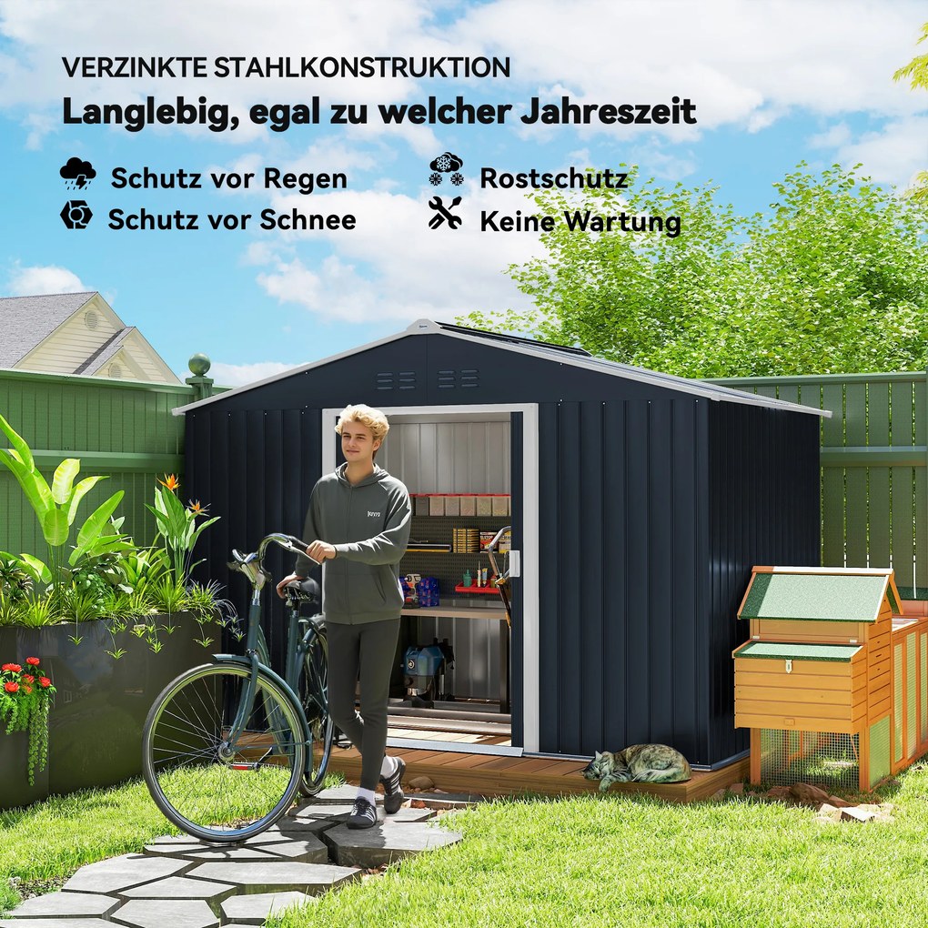 Skl storage shed Outsunny 4,9 m², zahradní kůlna s pultovou střechou, posuvné dveře, základna, 277 x 195 x 192 cm, kůlna na nářadí z pozinkované ocel…