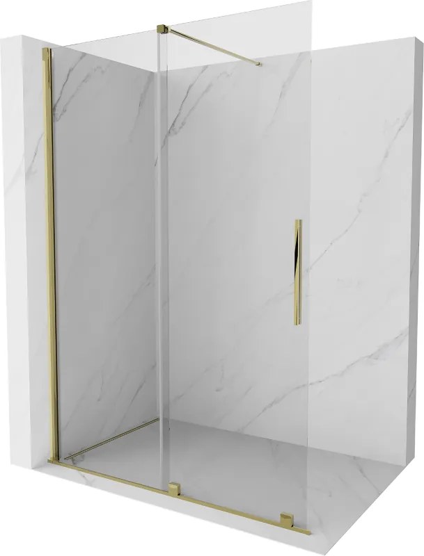 Mexen Velar, posuvné dveře do otvoru typ Walk-In 130 cm, 8mm čiré sklo, zlatá lesklá, 871-130-000-03-50
