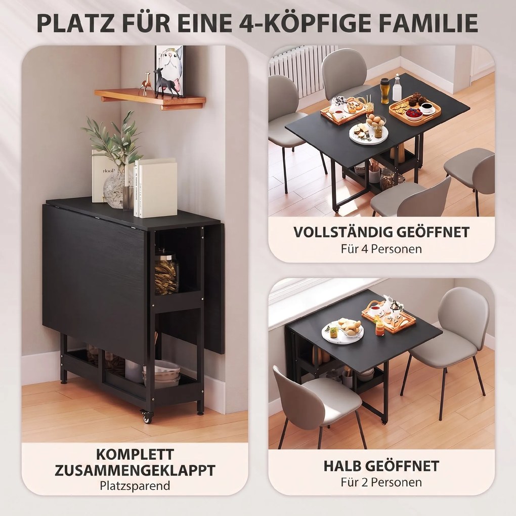 HOMCOM Skládací jídelní stůl v průmyslovém designu, pro až 4 osoby, otevřené police, flexibilní, kov, dřevotříska, černá