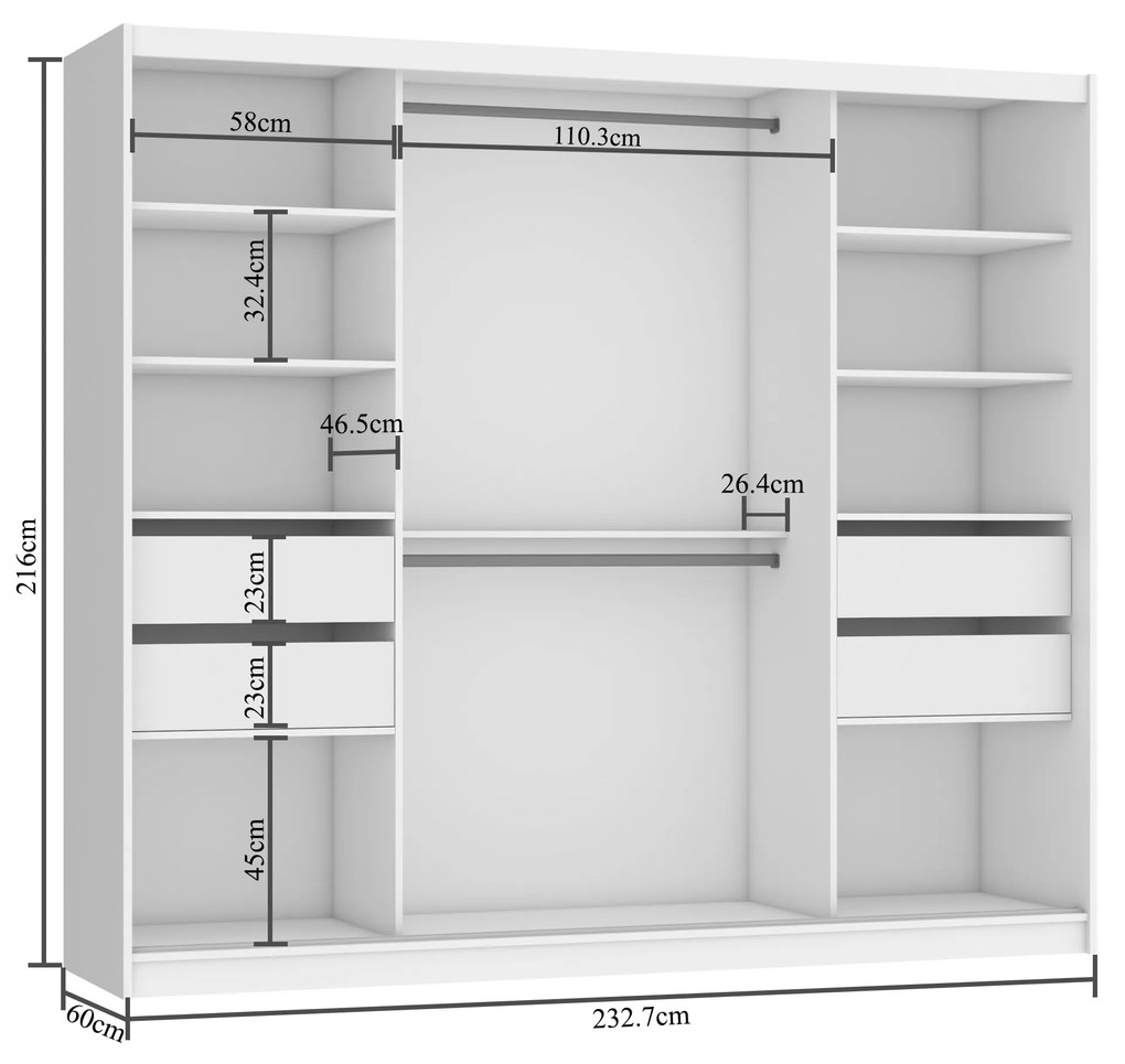 Šatní skříň 232 cm Belini černý mat / černý lesk s posuvnými dveřmi zrcadlem a zásuvkami  MGB SZP8/0/B/2B1L/KLP