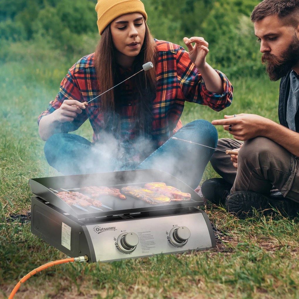 Stolní plynový gril Outsunny BBQ se 2 hořáky, stolní plynový gril s hadicí, nerezová ocel a kov, nepřilnavá grilovací deska, ideální pro kempování