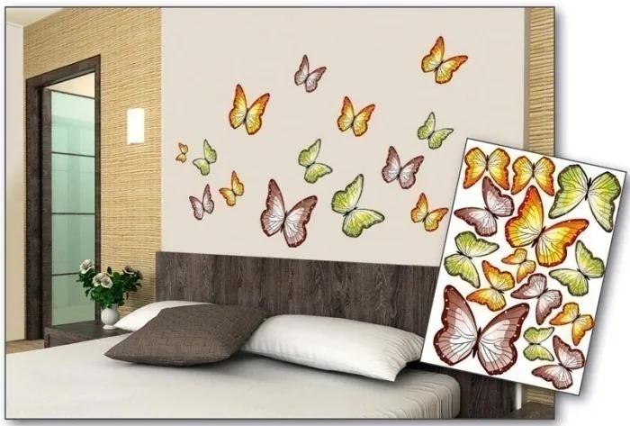 ST1 015 Samolepicí dekorace na zeď - Motýlci | 50x 70 cm | zelená, oranžová, žlutá, hnědá