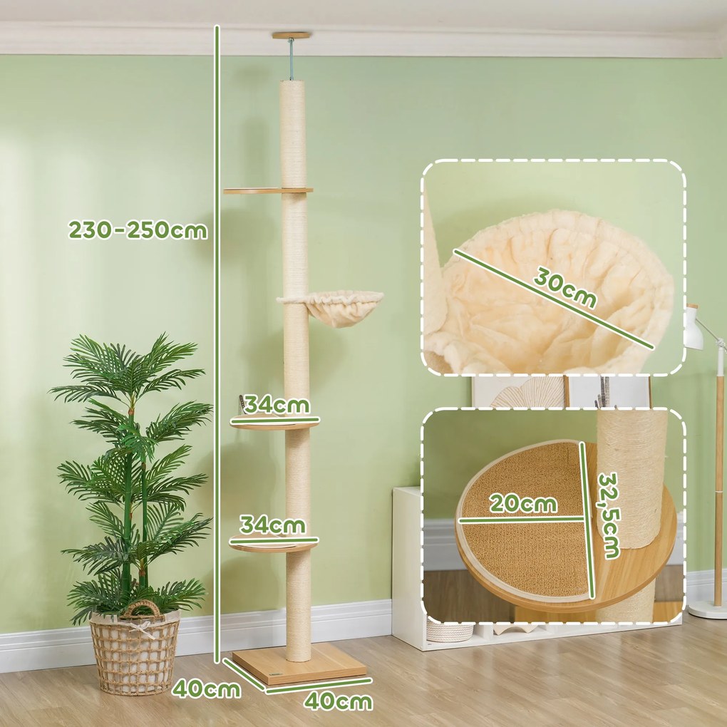 PawHut škrabadlo, kočičí škrabadlo vysoké, 230-250 cm, šplhací strom s houpací sítí, výškově nastavitelný kočičí strom, strom na hraní s ochranou pro…