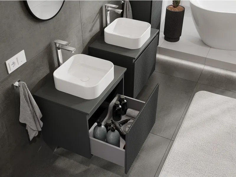 Mexen Rivel, koupelnová skříňka 60 cm s horní deskou, 1 zásuvka, drážkovaná, grafitová matná, 91A20-06047-1-BFC66