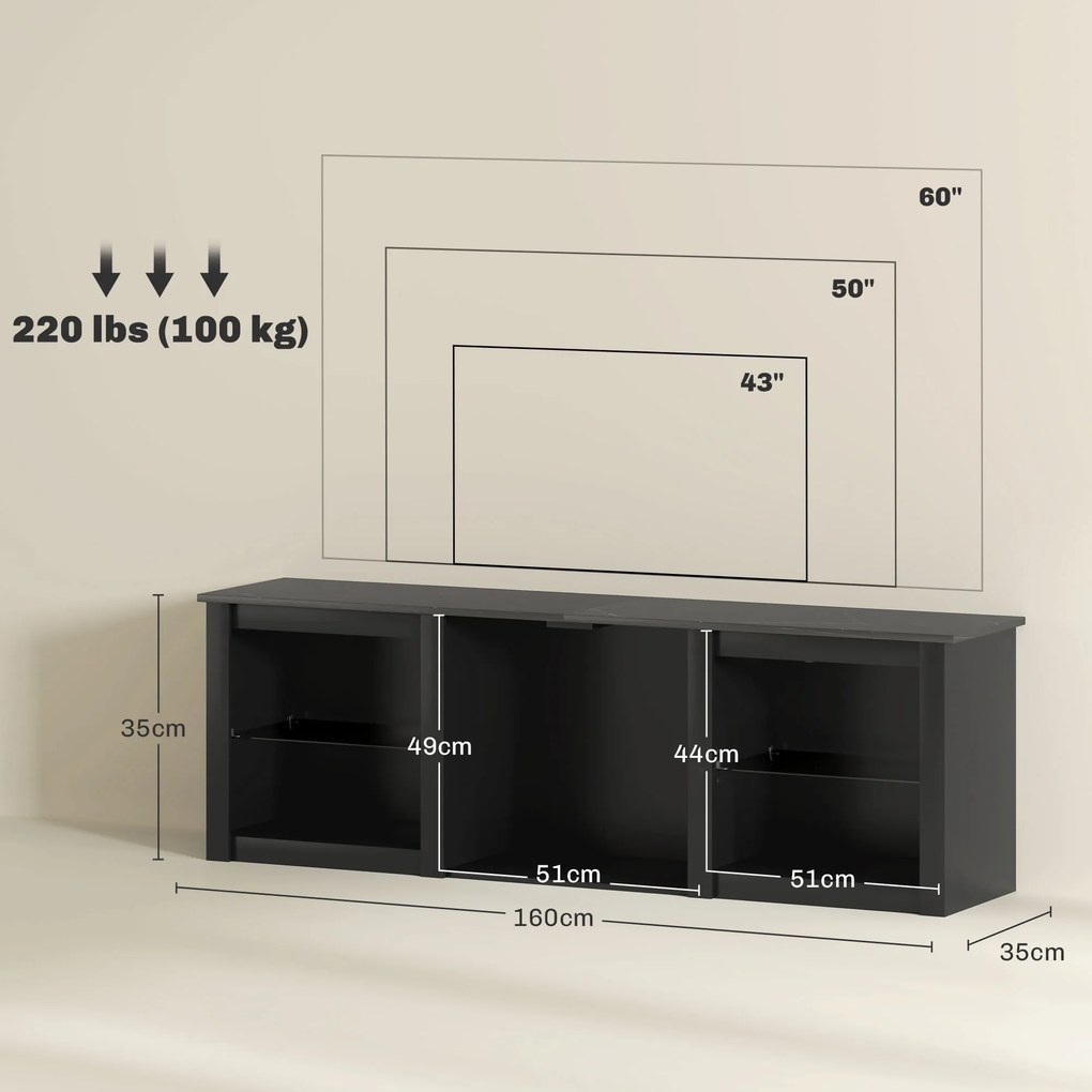 HOMCOM TV nábytek s LED osvětlením pro televizory až do 65 palců, 160 cm s nastavitelnými skleněnými poličkami, černé
