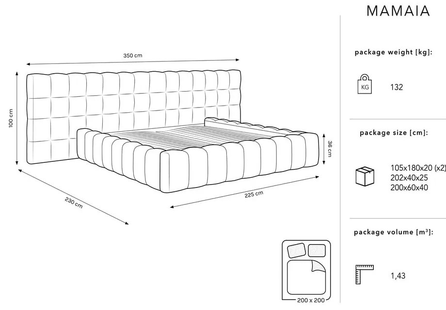 Světle šedá čalouněná dvoulůžková postel s úložným prostorem a roštem 200x200 cm Mamaia – Micadoni Home
