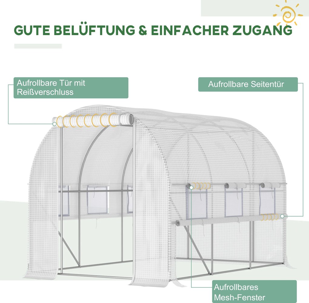 Fóliový skleník Outsunny 2,95x2x2m s rolovacími okny, UV ochrana a ochrana proti větru, ocelová konstrukce v bílé barvě | Aosom.de