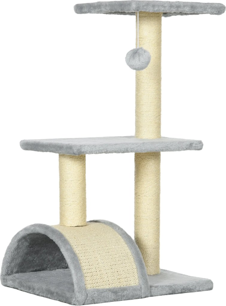PawHut Škrabadlo 72 cm Kočičí věž s plyšovými polštářky, sisalové sloupky, plošina, škrabadlo Světle šedá barva