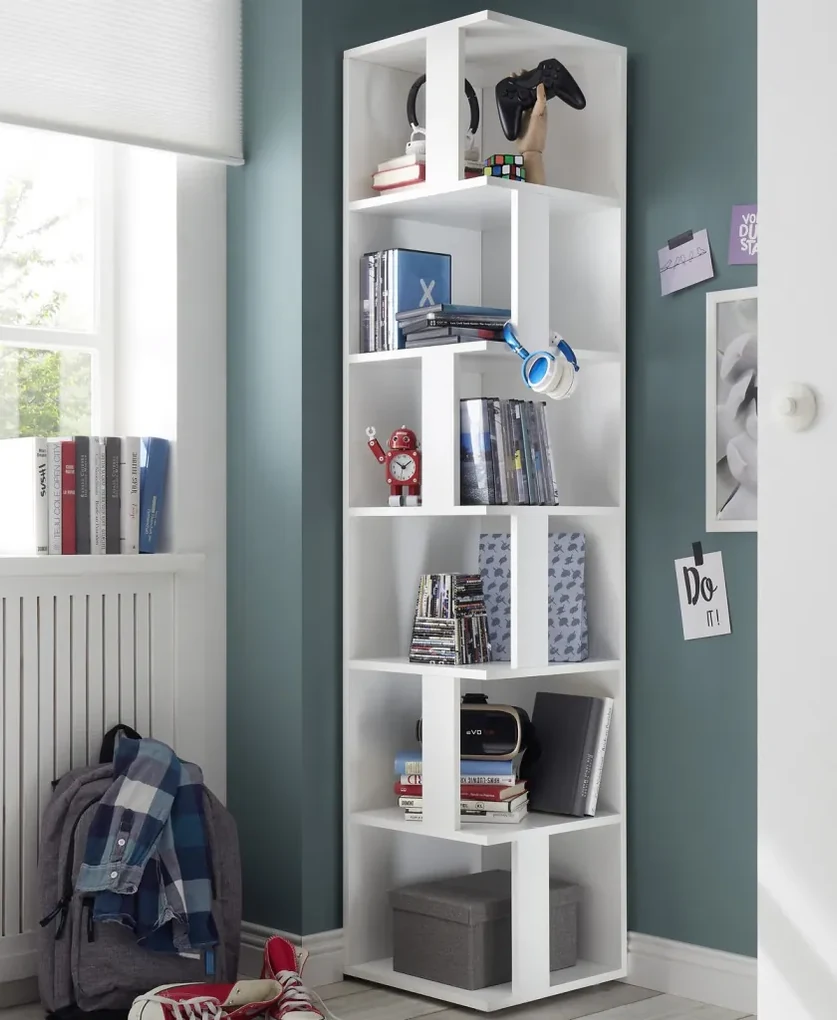 Rohový regál s přihrádkami Corner Shelf, bílý | BIANO