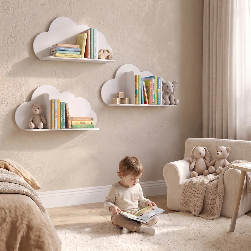 AIYAPLAY sada 3 nástěnných dětských regálů 60 cm, dětský knihovník ve tvaru oblaku, plovoucí knihovník Montessori pro 3–8 let, bílý