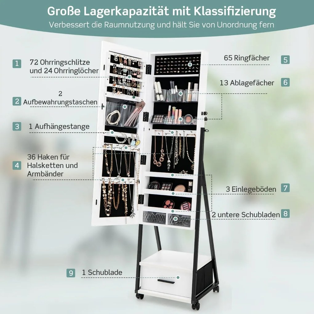 Costway Zrcadlová skříňka na šperky a make-up organizér se zrcadlem po celé